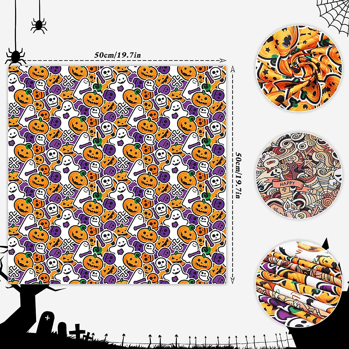 Halloween Fabric Squares,8 Pieces Spooky Fall Pumpkins Cotton Fabric,50cm x 50cm/20 x 20Inches Halloween Quilting Material for Halloween Horror Autumn Party Decorations Sewing Clothes