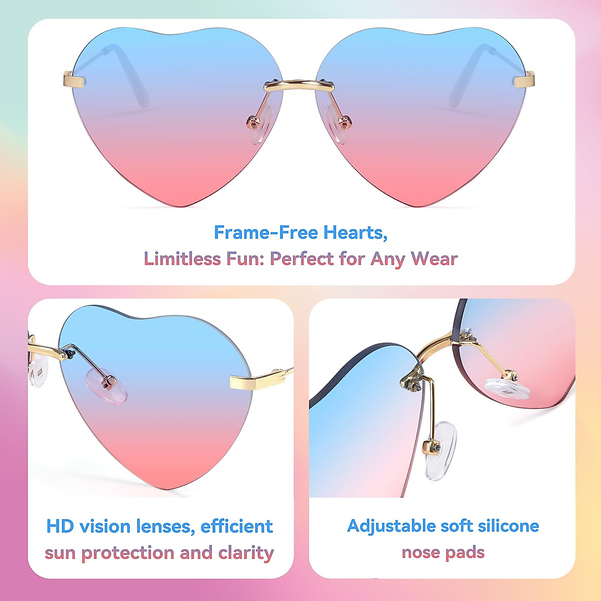 Dollger Heart Sunglasses for Women Cute Rave Heart Glasses Metal Frame Lovely Heart Style Blue and Pink lens