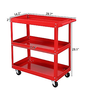 TUFFIOM 3 Tier Rolling Tool Cart, 330 Lbs Capacity, Red, 3 Shelves Steel Utility Cart for Garage, Workshop, Warehouse & Repair Shop