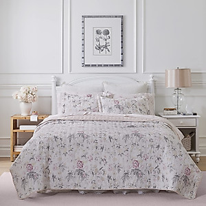 Laura Ashley - Queen Quilt Set, Reversible Cotton Bedding with Matching Shams, Lightweight Home Decor for All Seasons (Breezy Floral Pink/Grey, Queen)