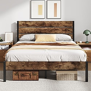 Foredawn Queen Bed Frame with Headboard and Footboard, 14 Inch Metal Platform Bed, Mattress Foundation, No Box Spring Needed, Noise Free, Under Bed Storage, Easy Assembly, Rustic Brown