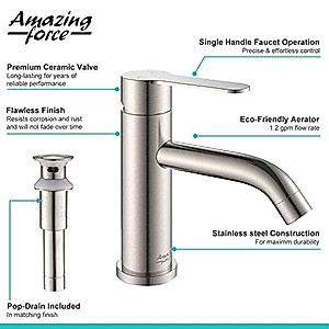 AMAZING FORCE Single Handle Bathroom Faucet Brushed Nickel Bathroom Sink Faucet Single Hole with Pop Up Drain Assembly 1.2 GPM