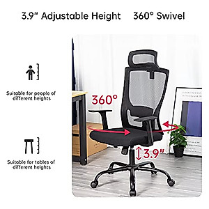 Ergonomic Office Chair Swivel Home Office Desk Chair with Head Pillow Breathable Mesh Backrest Adjustable Seat Height Firm Arm Rests Mesh Chair for Working and Resting (Black)
