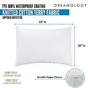 Dreamology Pillow Protectors, Cotton Terry Zippered, 100% Water Proof & Hypoallergenic, Extend Pillow Life by 3X, Breathable, Waterproof Pillow Case Cover (Cotton, Pack 4 - Standard [20x26])