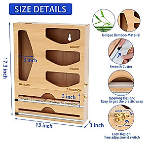 AITEE 2 in 1 Ziplock Bag Storage and Foil Organizer, Plastic Wrap Dispenser with Cutter for Kitchen Drawer, Bamboo Wood Ziplock Food Bag Storage Organizer for Gallon, Slider Quart, Sandwich and Snack