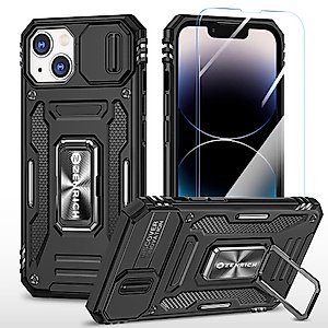 ZenRich Rugged Case for iPhone 14 Max with Tempered Glass Screen Protector, Slide Camera Cover & Kickstand, Military Grade Drop Proof Protective Case Compatitable with Magnetic Holder, Black