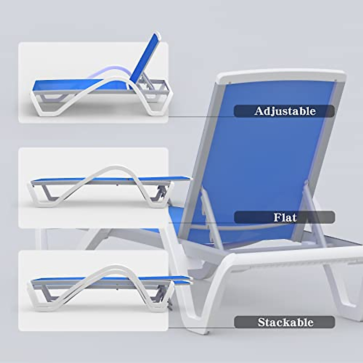 Domi Patio Chaise Lounge Chair Set of 3,Outdoor Aluminum Polypropylene Sunbathing Chair with Adjustable Backrest,Arm,Side Table,for Beach,Yard,Balcony,Poolside(2 Blue Chairs W/Table)