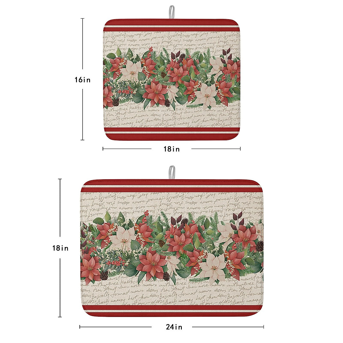 Christmas Poinsettia Dish Drying Mat for Kitchen Counter, Microfiber Rack Pads, Red Pink Xmas Botanical Vintage Absorbent Dish Bottle Drying Mat, 18''x24'', 2 Pack