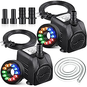 2 Pack 15W 220GPH Submersible Fountain Water Pump with 12 LED Lights, Aquarium Fish Tank Water Pump with 13mm and 8mm Spray Nozzles 9.8ft Tubing for Water Feature Pond Home Fountain Statuary Gardens
