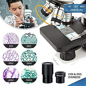 AmScope M158C-2L-E1 Digital Cordless Compound Monocular Microscope, WF10x and WF25x Eyepieces, 40x-1000x Magnification, Upper and Lower LED Illumination with Rheostat, Brightfield, Single-Lens Condenser, Coaxial Coarse and Fine Focus, Plain Stage, 110V or