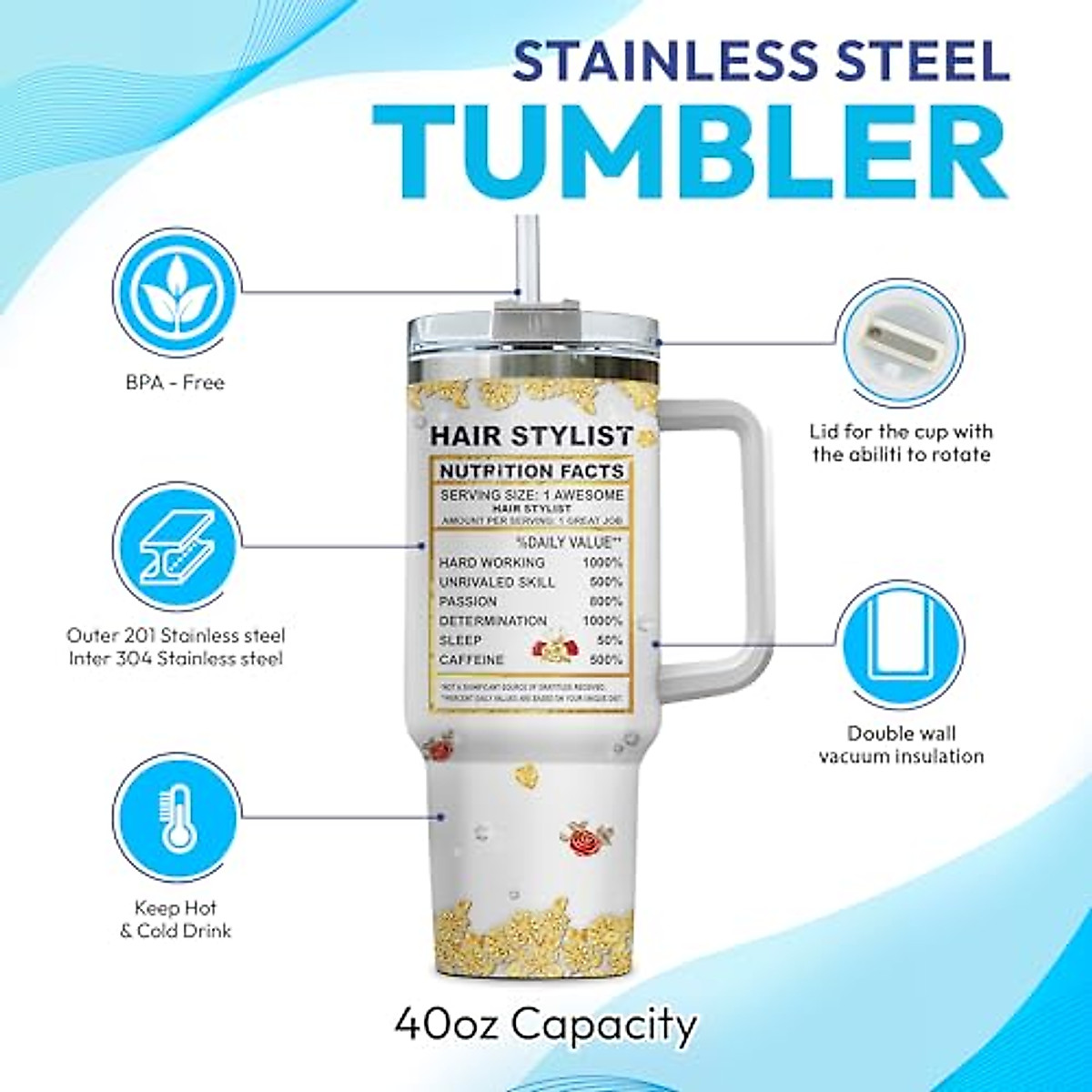 Hyturtle Personalized Coffee Tumbler Hairstylist Customized Name 40 oz Tumbler with Handle and Straw Lid, Birthday Gifts For Hairdressers Men Women Insulated Mugs Wine Tumblers Stainless Steel Cups