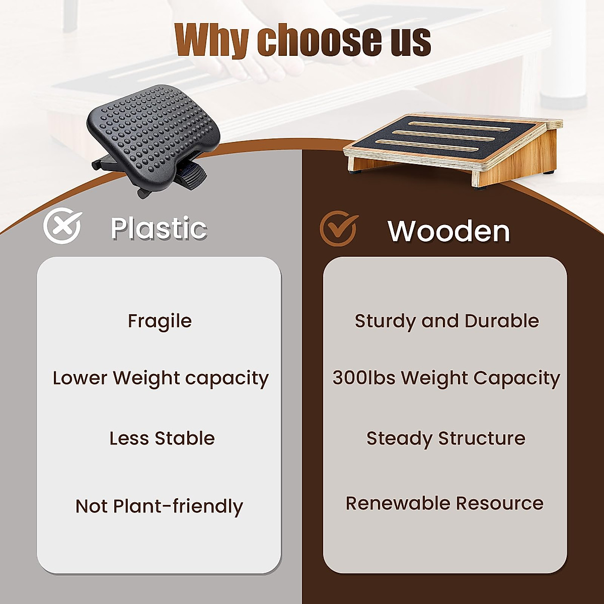 StrongTek Under Desk Footrest, Slanted Non-Slip Wooden Step Stool for Home and Office Chairs, Portable Ergonomic Posture Support for PC Gaming or Work Standing Desks