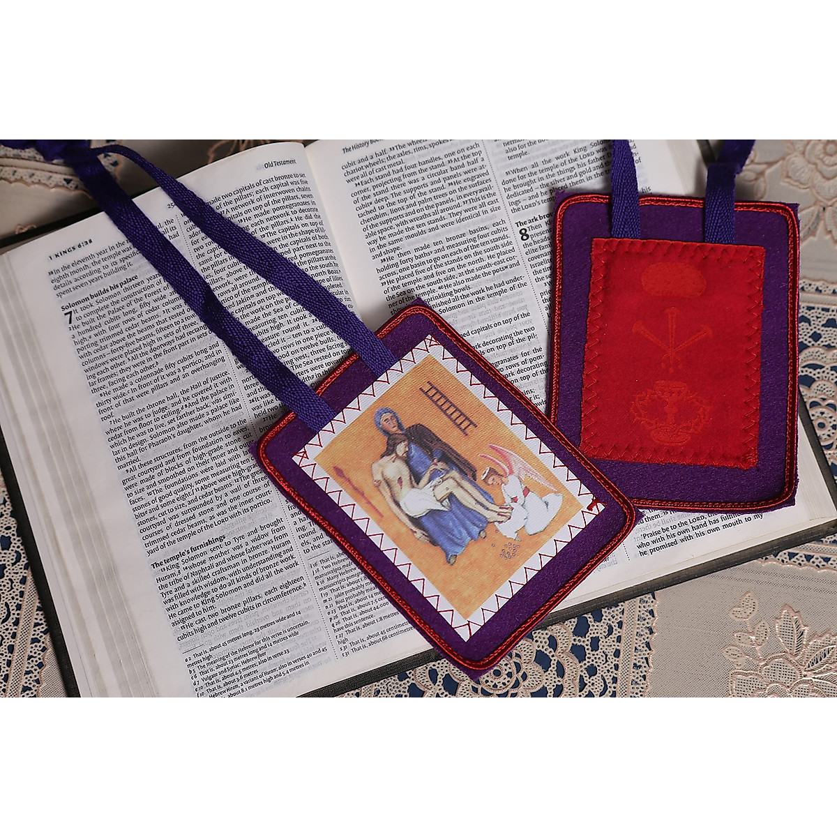 Wool Scapulars Catholic - Purple Scapular of Benediction and Protection - Scapular of Marie Julie Jahenny - Scapulars Catholic Necklace - Escapularios Catolicos Purple Scapular