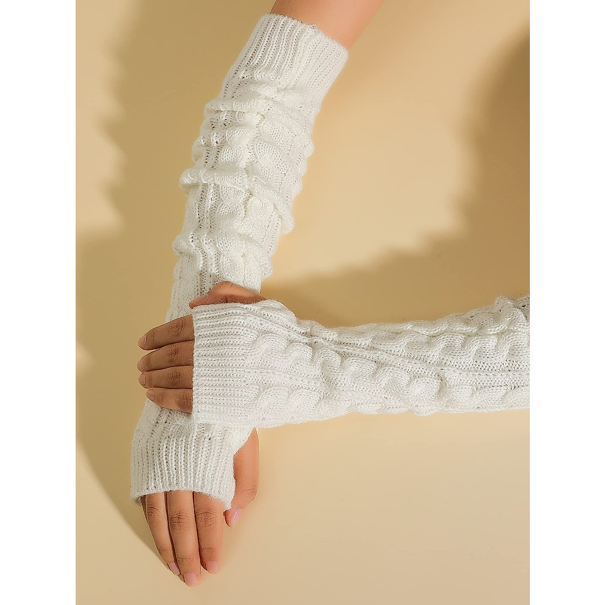 Verdusa Women's Knitted Arm Warmers Long Fingerless Gloves White one-size