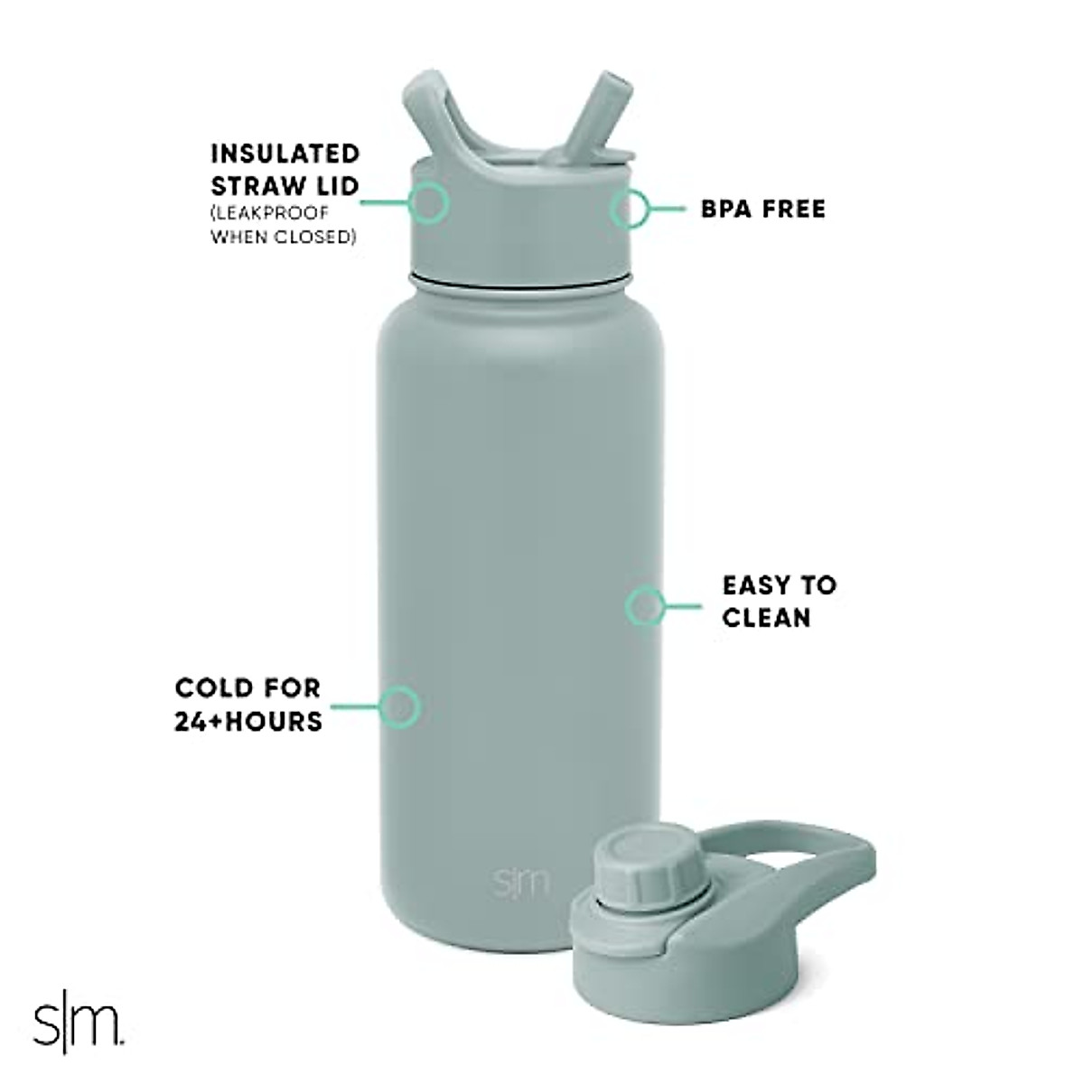 Simple Modern Water Bottle with Straw and Chug Lid Vacuum Insulated Stainless Steel Metal Thermos Bottles | Reusable Leak Proof BPA-Free Flask for Sports Gym | Summit Collection | 32oz, Sea Glass Sage