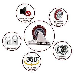 ABSLIMUS 4 inch Heavy Duty Casters Load 2400lbs, Lockable Bearing Plate Caster Wheels with Brakes, 360-degree Swivel Casters for Furniture and Workbench Cart, Set of 4 (Free Screws and a Spanner)