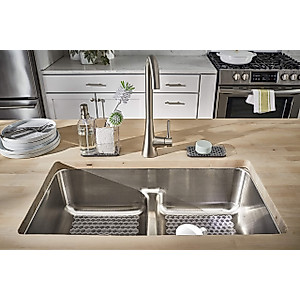 Spectrum Diversified Hexa Sponge & Brush Kitchen Organizer with Refillable Soap Pump, Sponge & Dish, Easy-Clean Sink Organization & Dish Brush Holder with Removable Base, Clear & Gray