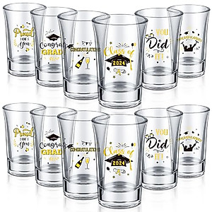 Rtteri 12 Pcs Graduation Clear Party Shot Glasses Set 2024 Graduation Whiskey Glass Gift 1.2 oz Thick Base Shot Glasses Funny Graduation Glass for College High School Graduate Party Supplies, 6 Styles
