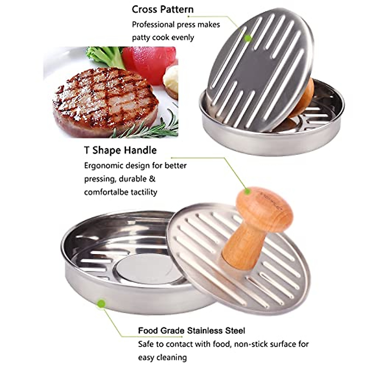 Mepple Burger Press with Non-Stick 100 Patty Papers, Hamburger Press Patty Maker with Wooden Handle, Burger Mold for Hamburger Meat Veggie BBQ, Barbecue Grilling Accessories and Kitchen Tool, 5” Dia