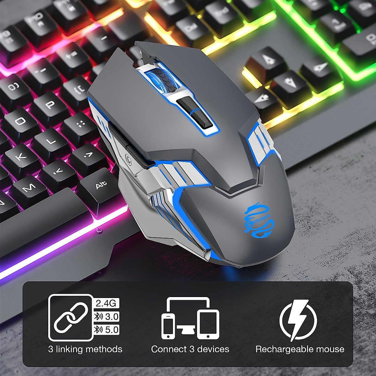 SHUNJINRUN Bluetooth Mouse, Rechargeable Wireless Mouse with 7 Buttons, RGB, 3 Modes, Ergonomic Computer Mouse for Laptop, Mac, PC, Chromebook, iPad, Tablet etc. - Gray