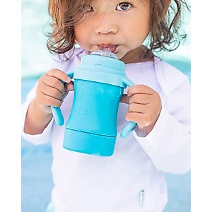 green sprouts Sprout Ware Plant-Plastic Sip & Straw Cup, Includes Sippy & Straw Spouts, Easy Grip Handles, Gray