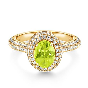 Gem Stone King 18K Yellow Gold Plated Silver 8X6MM Oval Gemstone Birthstone and White Moissanite Halo Engagement Ring | Wedding Anniversary Promise Ring For Women | Size 5,6,7,8,9