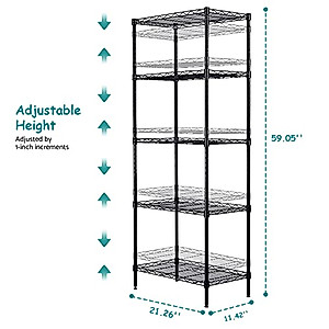 BELANITAS 5 Tier Wire Shelving Unit Adjustable Storage Shelves Heavy Duty Metal Shelf Steel Wire Shelving Rack, 21" L x 11" W x 59" H,Black
