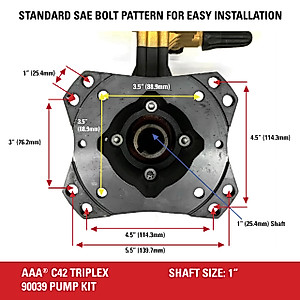 AAA 90039 Horizontal Triplex Plunger Replacement Pressure Washer Pump Kit, 4000 PSI, 3.5 GPM, 1" Shaft, Includes Hardware and Siphon Tube, for Industrial Gas Powered Machines