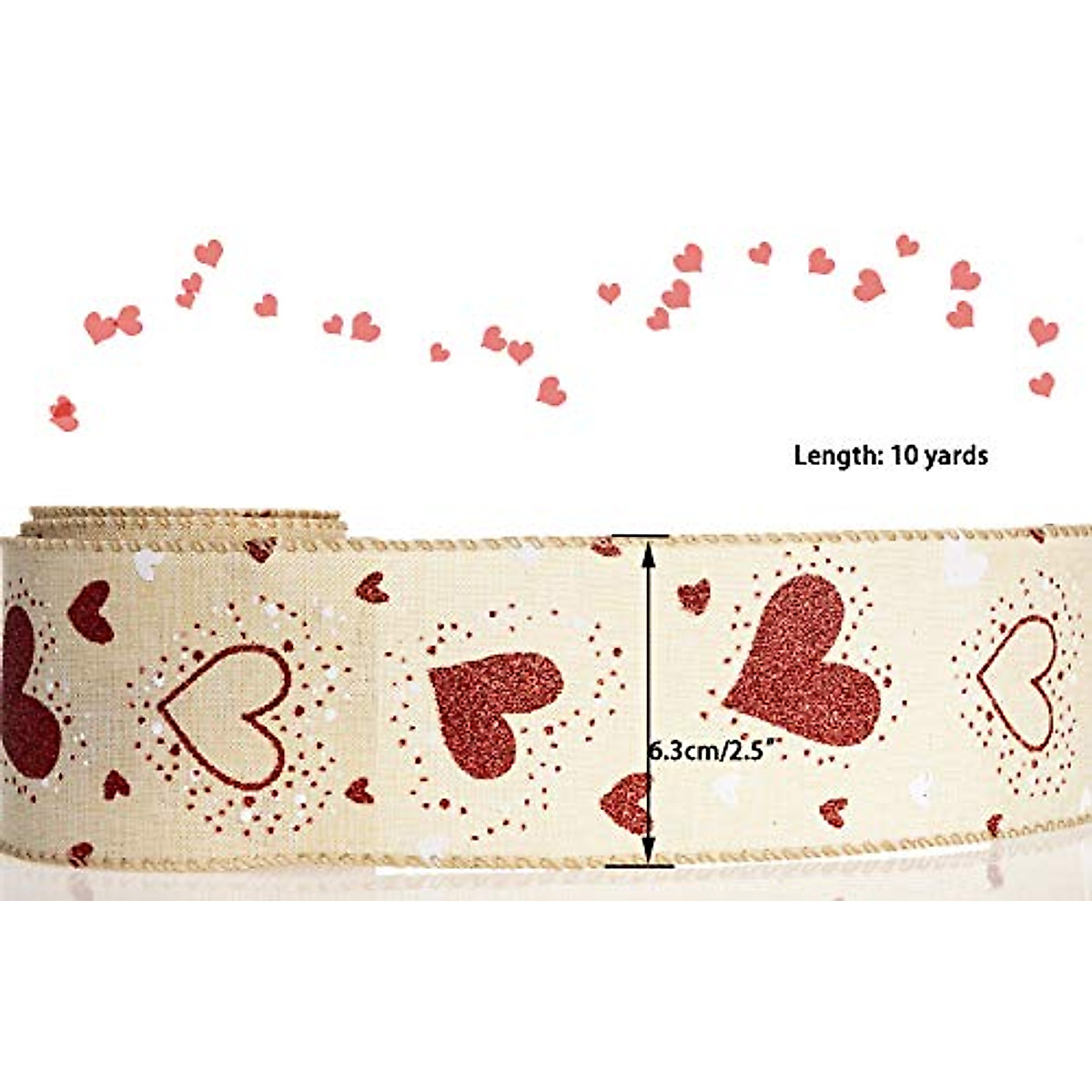 ATRBB Red Glitter Hearts Wired Edge Burlap Ribbon,The Valentine's Day Ribbon for Gift Wrapping and Decorative Bow,10 Yards by 2.5 Inches