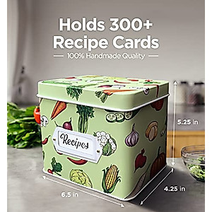 Complete Kitchen Recipe Box Set with 36 Cards, 12 Dividers & Wooden Card Holder | Recipe Card Organizer, Decorative Metal Recipe Tin Set for 4x6 Cards