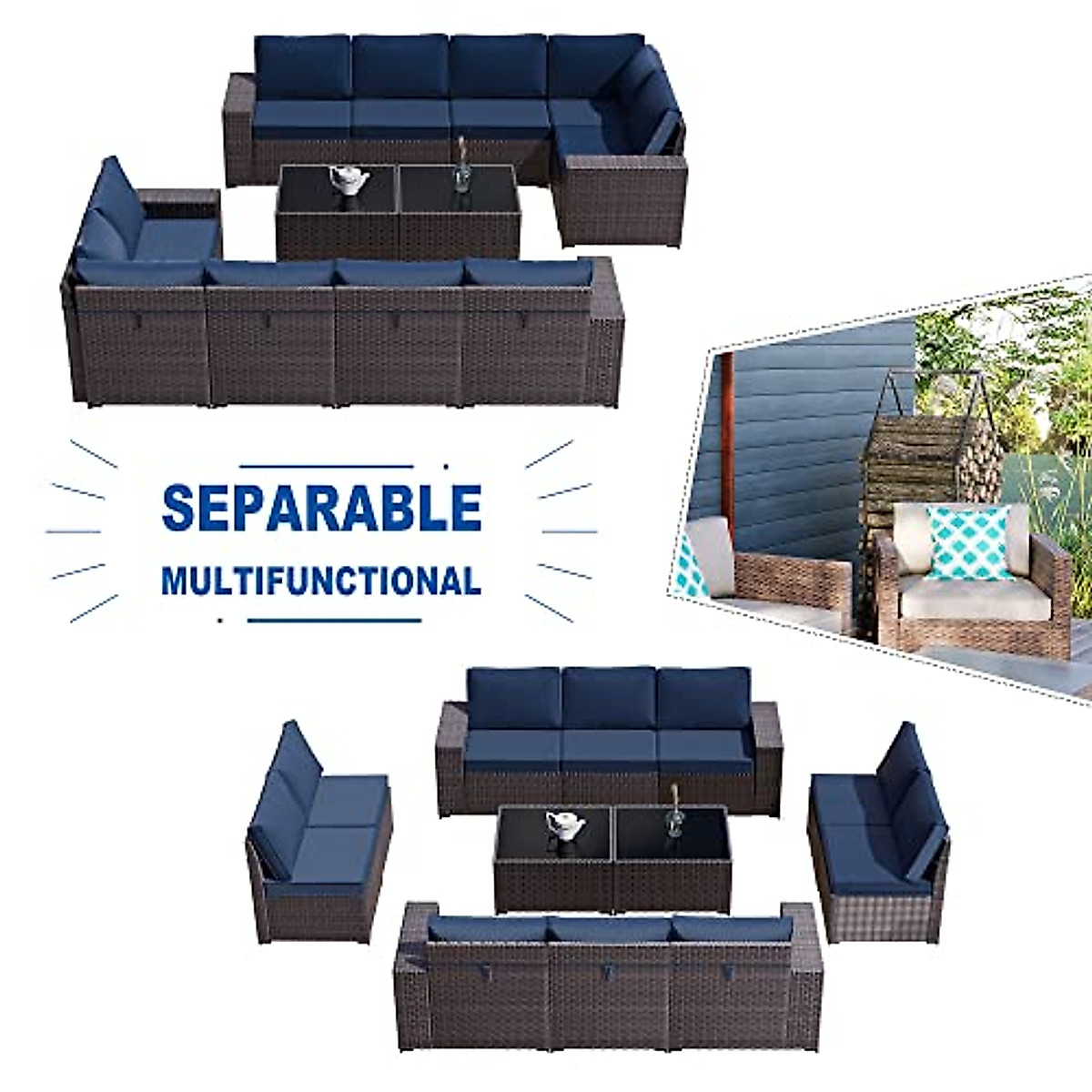 Kullavik Outdoor Patio Furniture Set 12 Pieces Sectional Rattan Sofa Set Brown PE Rattan Wicker Patio Conversation Set with 10 Navy Blue Seat Cushions and 2 Tempered Glass Table