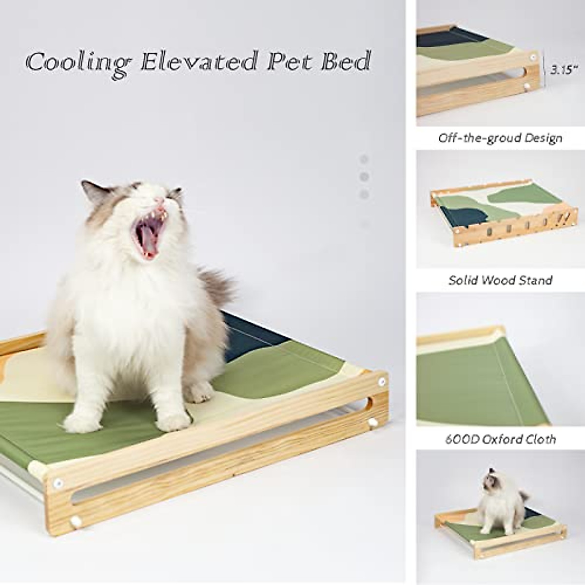 SPRICHIC Cooling Elevated Pet Bed - Original Dog & Cat Cot with Solid Wood Raised Stand for Indoor and Outdoor, Kitten Puppy Hammock, No Pattern