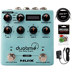 NUX Duotime Stereo Delay Pedal Bundle with MXR Instrument Cable, Dunlop Pick Pack, and Power Supply