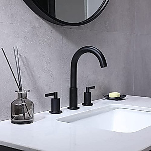 KINGO HOME Widespread Matte Black 3 Hole Bathroom Faucet, 2 Handle Black Bathroom Sink Faucet Modern Vanity Faucet with Supply Hoses, Pop Up Drain Stopper for Bathroom Sink