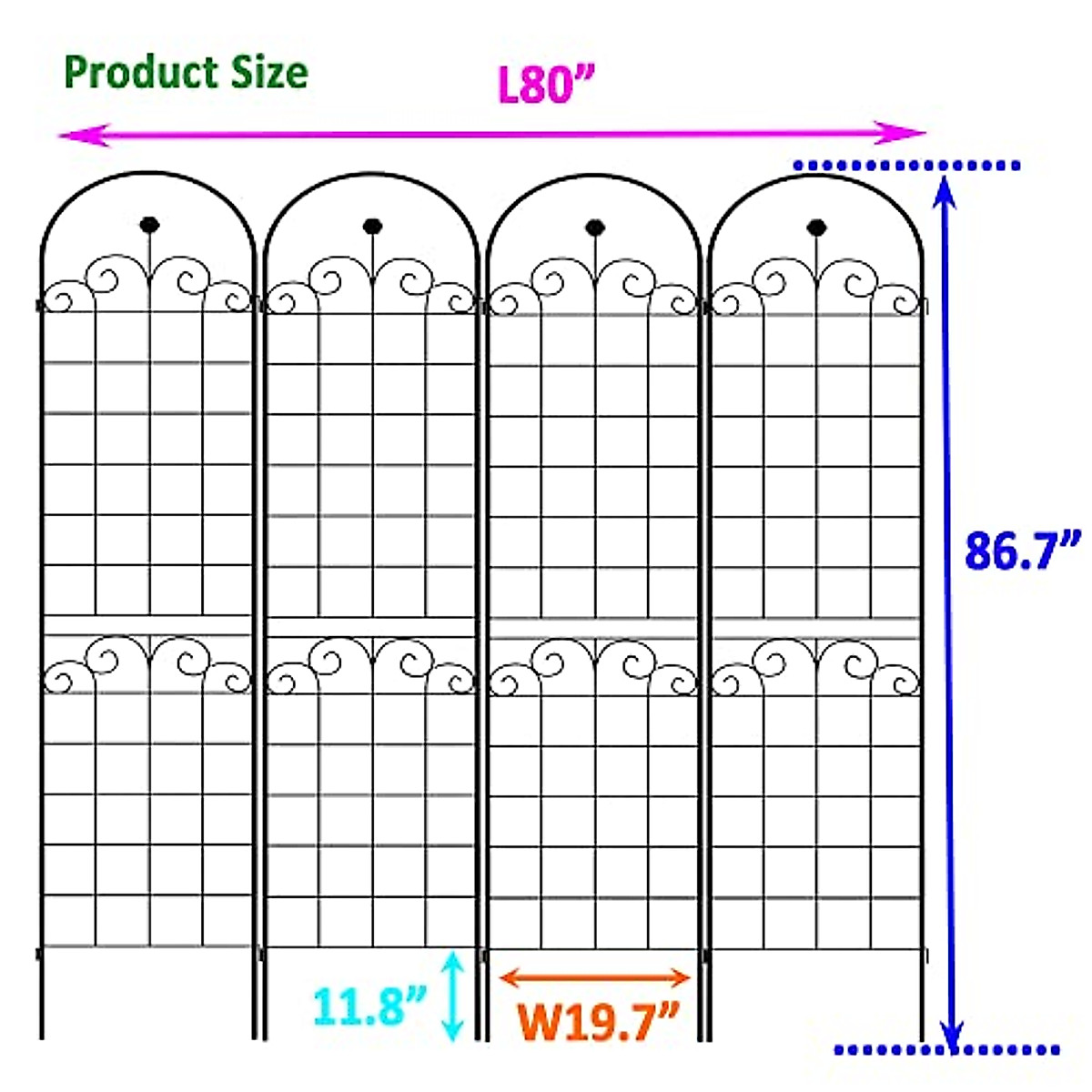 4 Pack Metal Garden Trellis for Climbing Plants Outdoor 86.7'' x 19.7'' Rustproof Plant Support Rose Trellis Netting Trellis Black