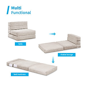 Mjkone Floor Sofa Couch, Convertible Futon Sofa Bed with Memory Foam, 3 in 1 Foldable Couch Bed, Pull Out Sleeper Sofa for Living Room/Apartment/Office (Beige, Single)