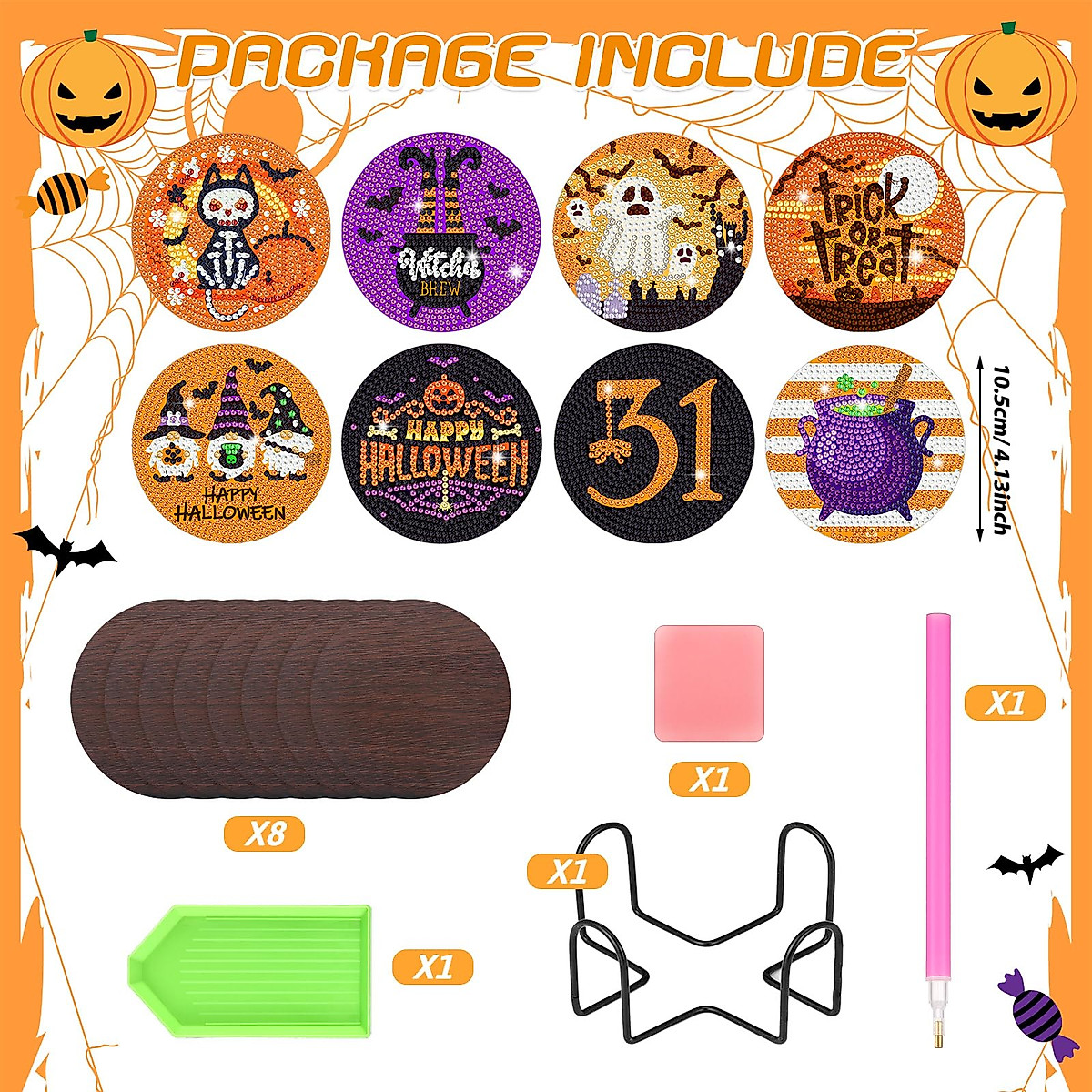 Suttmin 8 Pcs Halloween Diamond Painting Coasters Kits DIY Diamond Kits with Holder Gnome Pumpkin Ghost Coasters for Adult Kids Christmas for Craft Beginner Party Gift