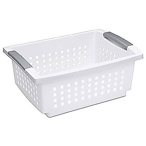 Sterilite Medium Sized Stackable Storage Bin and Organization Basket with Flip Down Accent Rails for Home and Household Organization, White (30 Pack)