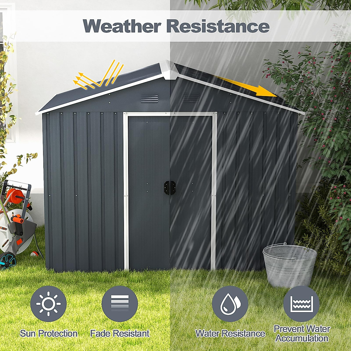 IRONMAX Outdoor Storage Shed with Floor, 7 x 5 FT Galvanized Steel Garden Shed Cabinet with Double Sliding Door & Air Vent, Utility Metal Tool Storage Shed House for Garden, Backyard, Patio, Lawn