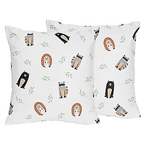 Sweet Jojo Designs Bear Raccoon Hedgehog Forest Animal Decorative Accent Throw Pillows for Woodland Pals Collection - Set of 2 - Neutral Beige, Green, Black and Grey