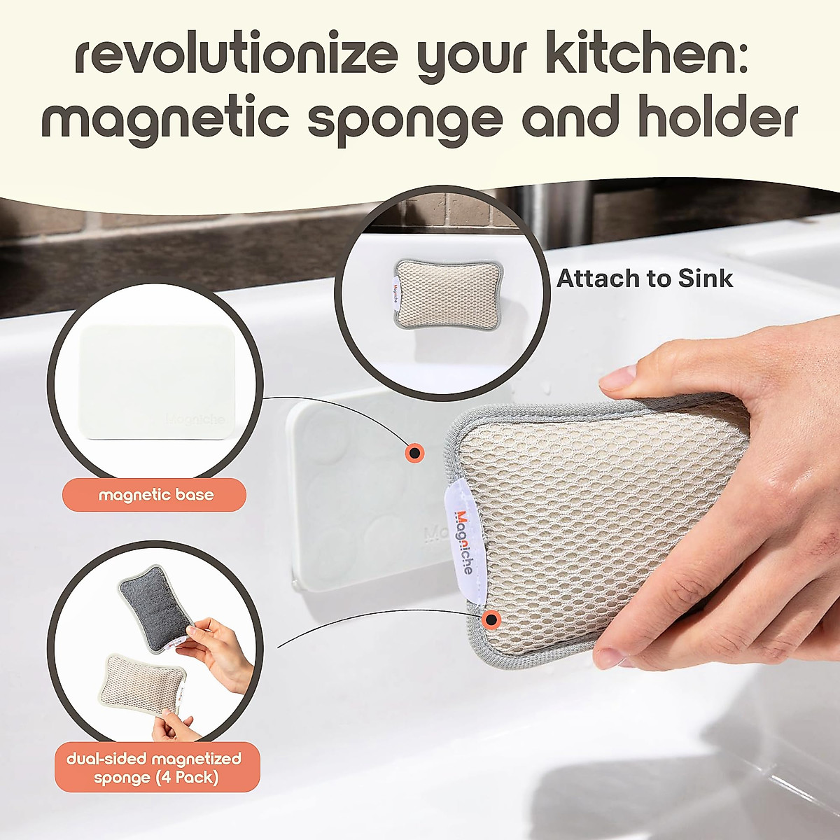 Magniche Magnetic Sponge Holder System -3-in-1 Kitchen Cleaning Combo- Magnetic Sponge Holder for Kitchen Sink, 4 Dual-Sided Dish Sponges & Scrubber, 1-Year Supply Sponges, Long-Lasting Dish Sponge
