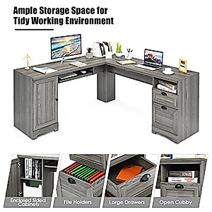 Tangkula 66" × 66" L-Shaped Desk, Corner Computer Desk with Drawers Keyboard Tray and Storage Cabinet, Home Office Desk, Sturdy and Space-Saving Computer Workstation