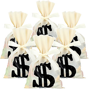 Tinlade 60 Pieces 6 x 9 Inch Money Treat Bags Sign Party Favor Candy Bag Loot Bags for Party Sign Sacks with 25 Yards Ribbon for Party Favor Theme Supplies