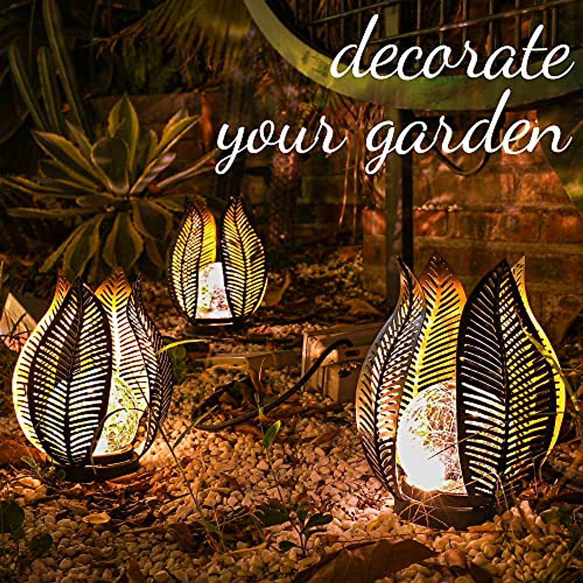 QZZP Garden Decor Solar Lights Outdoor, Crackle Glass Globe Palm Leaf Decorations, Waterproof LED Metal Flower Light for Yard Front Porch Patio Gardening Gift for Mom Grandma Women Birthday