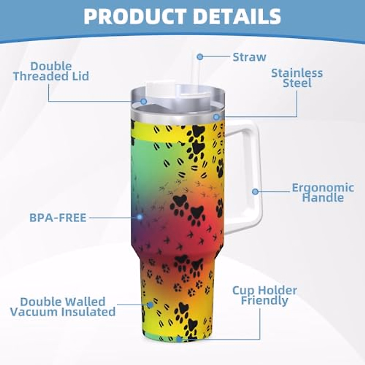 HULIBIN Paw Prints Pattern Print Double Deck Stainless Steel Travel Coffee Cup With Lid 40 Oz Ice Bully Cup