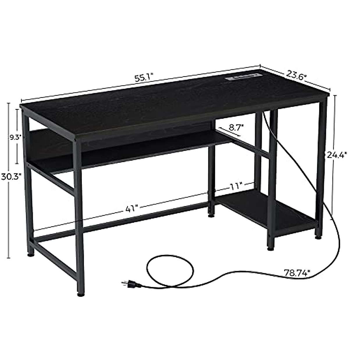 Rolanstar Computer Desk 55” with Power Outlet & Storage Shelves, Home Office PC Desk with USB Ports Charging Station, Writing Study Desktop Table with Stable Metal Frame, Black