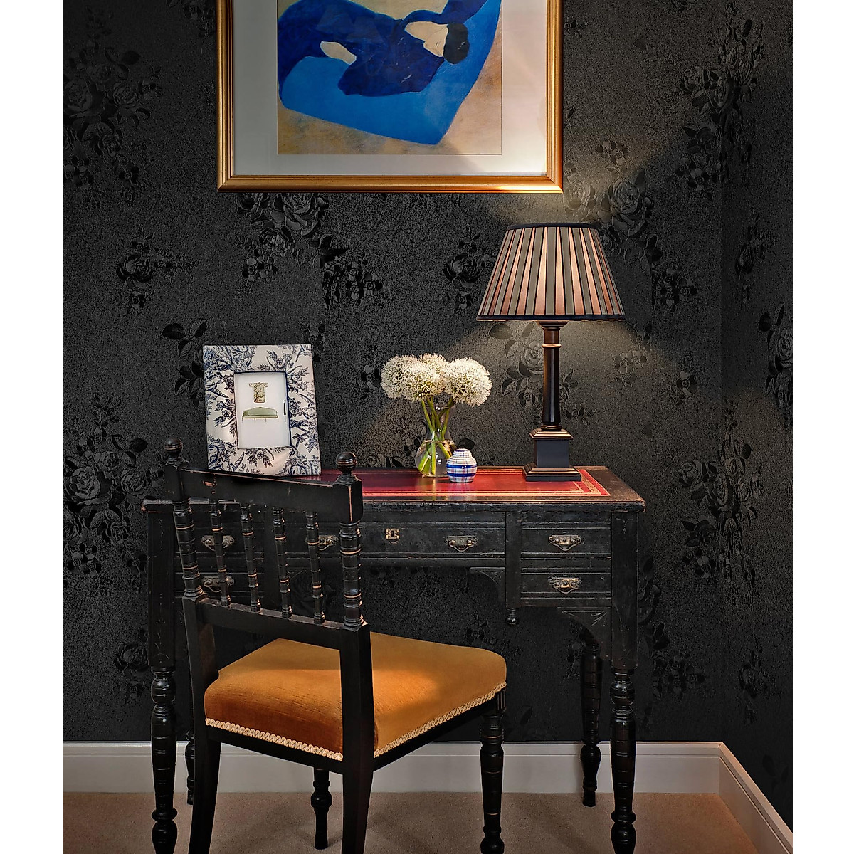 Erfoni Black Wallpaper Peel and Stick Wallpaper Black Floral Embossed Contact Paper 17.7inch×118.1inch Removable Textured Flower Wallpaper Self Adhesive Thicken Countertops Cabinets Contact Paper