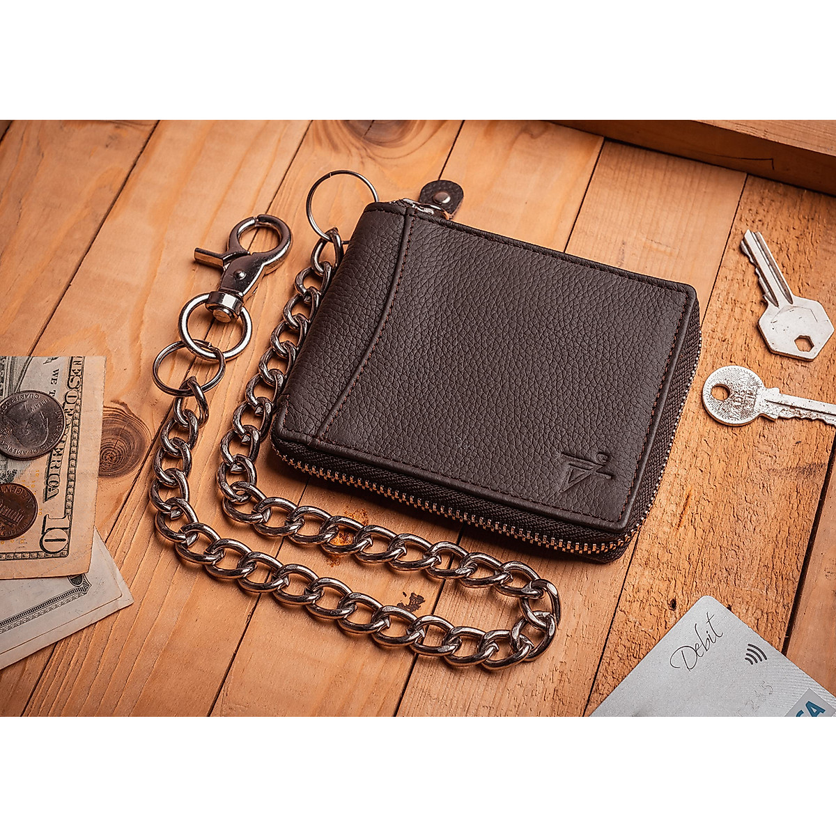 Juzar Tapal Collection Zipper Wallets For Men Brown Zip around Wallet RFID safe Leather Cash Wallet Men Man's Window ID Card Case (Brown With Chain)