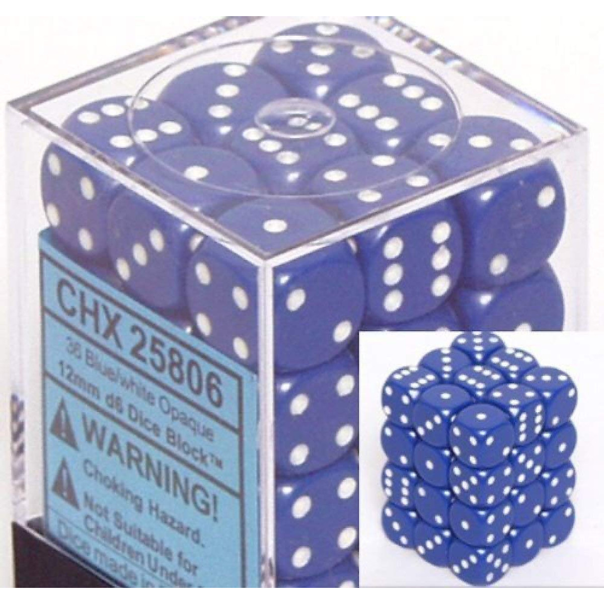 Chessex Dice D6 Sets: Opaque Blue with White - 12Mm Six Sided Die (36) Block of Dice