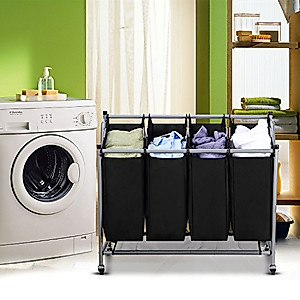 Laundry Sorter Cart 4-Bag Classics Rolling Laundry Hamper, Sturdy Frame with 60KG Weight Capacity, Black